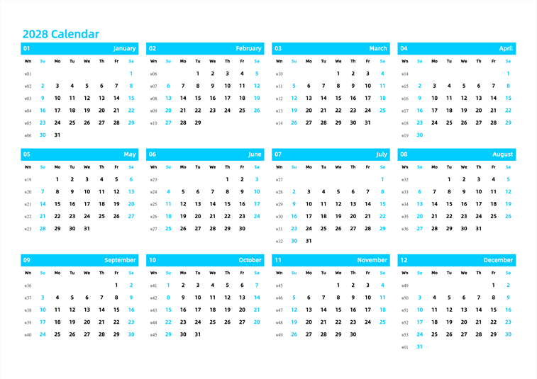 2028年日历表 英文版 横向排版 周日开始 带周数 日历模板(DF011-2366) - 日历表2028年日历打印下载